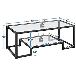 Yaheetech Coffee Table, Tempered Glass Coffee Table, Modern Simple Center Table w/Geometric-Inspired Design & Metal-Frame & Easy Assembly & Open Storage Shelf for Living Room, Office, Black