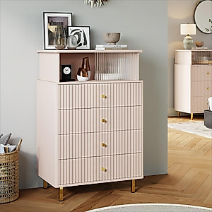 ChooChoo Dresser for Bedroom with Large Capacity, 4 Drawer Dresser with LED and Acrylic, Modern White and Gold Dresser Tall, Chest of Drawers with Storage Space for Hallway, Entryway (Pink)