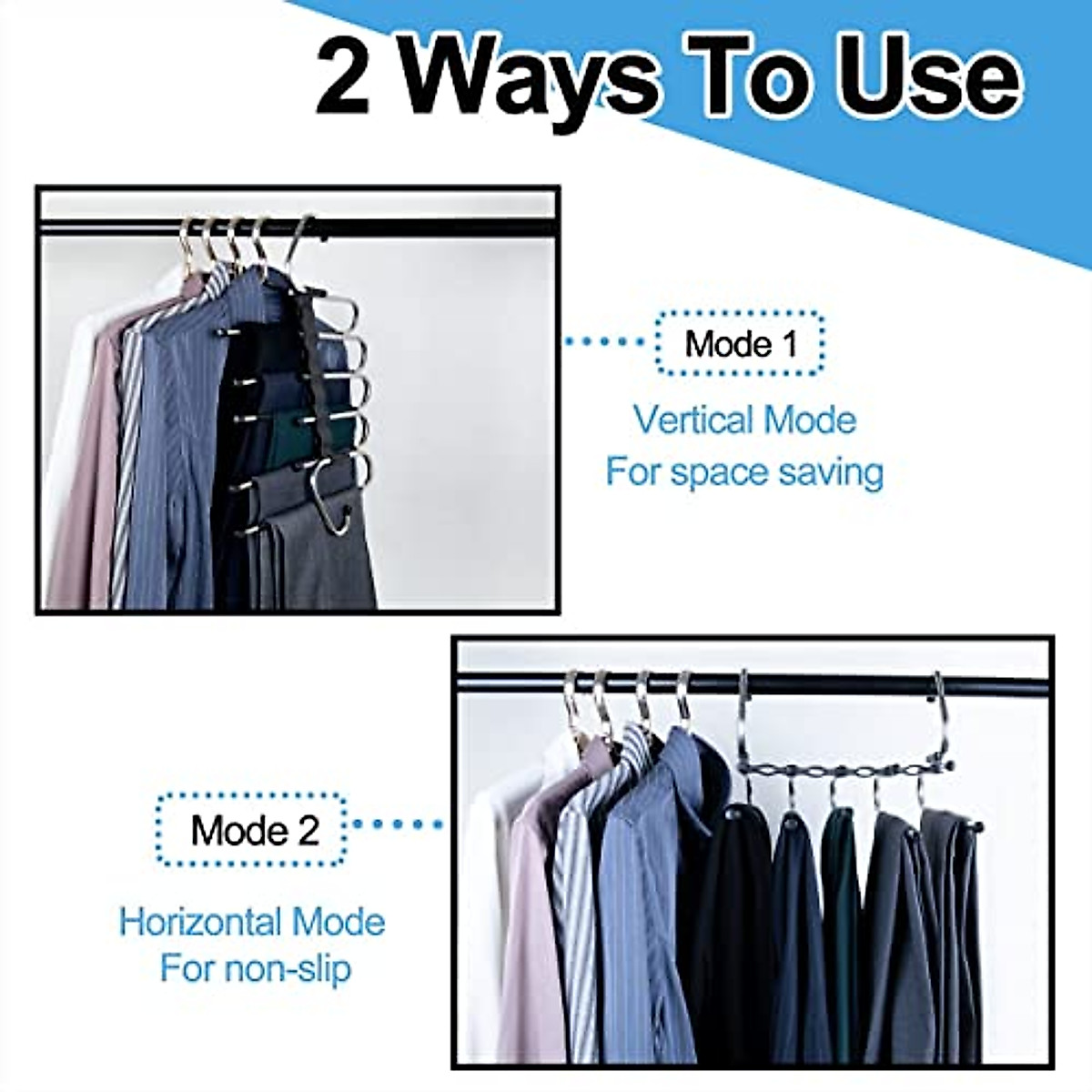 OKOMARSS Pants Hangers Space Saving, 2 Pack Stainless Steel Anti-Slip Multiple Layers Multifunctional Pants Hangers Uses Wardrobe Clothes Hangers for Pants Trousers Skirts Scarves (Black)