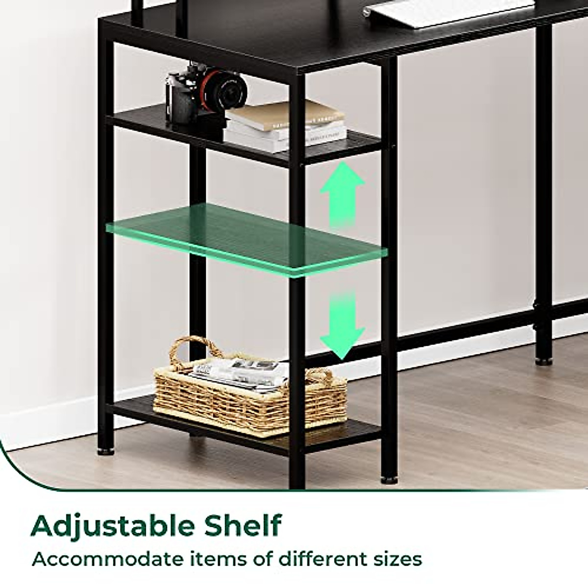 Huuger L Shaped Desk with Power Outlets & LED Lights, Reversible Computer Desk with Storage Shelves & File Cabinet, Corner Desk Home Office Desk, Black