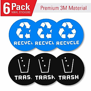 6 Pack (6in x 6in) Recycle Logo and Trash can Sticker to Organize Your Trash - 7 Mil - Laminated - for Trash cans, Garbage containers and Recycle Bins - Premium Vinyl Decal