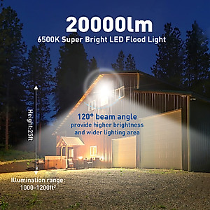 kelinvmi 200W LED Flood Light Outdoor, 20000lm High Brightness Outdoor Work Lights with US Plug, 6500K IP66 Waterproof Outdoor Lights for Garage, Porch, Stadium, Garden, Playground