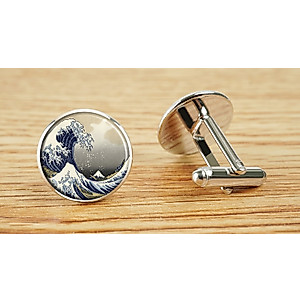 ecowcow Custom Classic Jewelry Tuxedo Shirt Sliver Cufflinks Men's Unique Business Wedding Gifts (Hokusai The Great Wave)