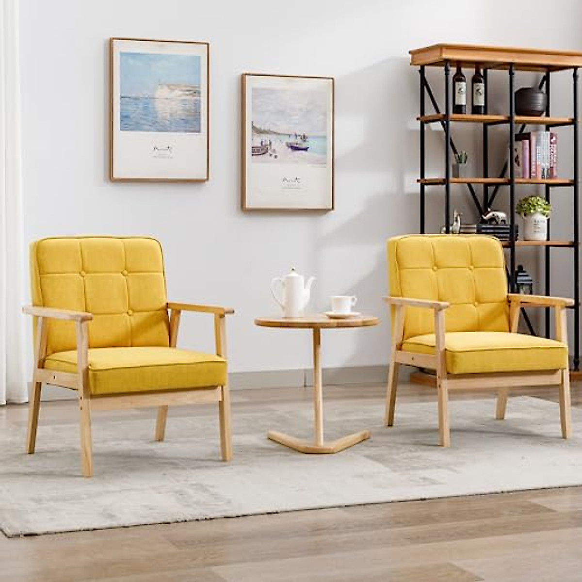 Okeysen Accent Chairs Set of 2, Mid Century Modern Accent Chair, Retro Wood and Fabric Armchairs Side Chair, Lounge Reading Comfy Arm Chair for Living Room, Bedroom, Office (Yellow)