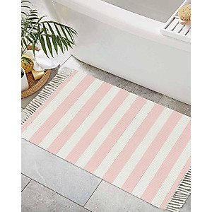 Pink Stripe Bath Rug 2x3ft Woven Bathroom Entryway Runner Rug,White Geometric Striped Modern Boho Minimalist Art Washable Living Room Hallway Bedroom Kitchen Carpet with Tassels Indoor Throw Doormat