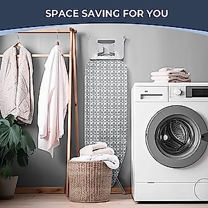 STO STO Ironing Board 45" x 14" with Iron Holder, Adjustable Height 29" to 36", Full Size Foldable Iron Board with Silver Coated Cotton Removable Cover, Sturdy Steel Frame and Legs, Grayish Blue Plaid