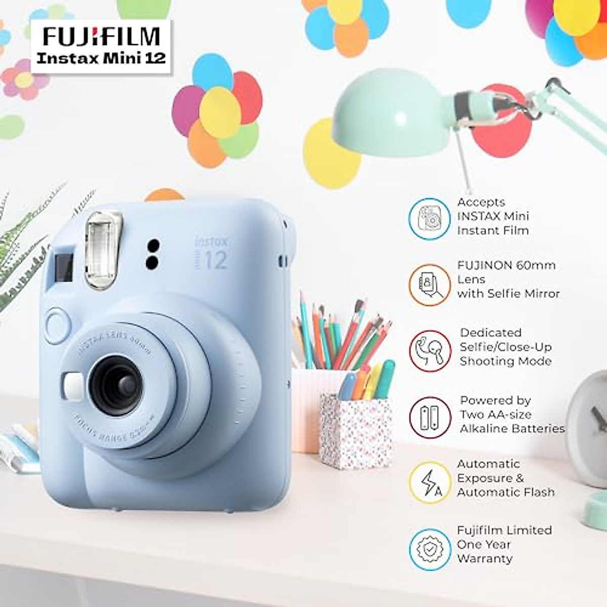 Fujifilm Instax Mini 12 Instant Film Camera (Pastel Blue), Fuji Instax Film Value Pack 30 Sheets, Protective Case, Instax Gift Bundle