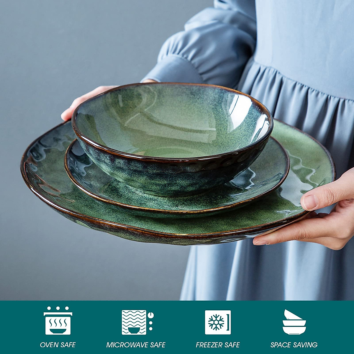 vancasso Starry 12 Pieces Green Dinnerware Set, Reactive Change Glaze Dinner Set, Plates and Bowls Set