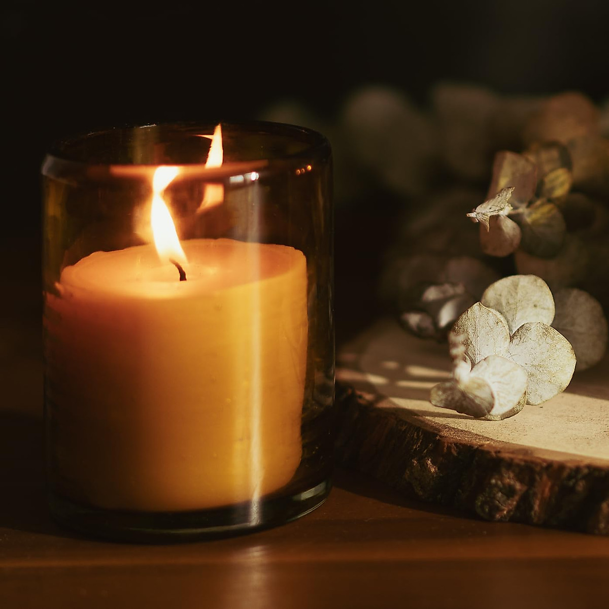 Lemongrass, Cassia & Rosemary Essential Oil & Pure Beeswax Candle in Blown Glass Jar - Bluecorn Beeswax Botanica. 8 oz.