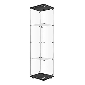 LFT HUIMEI2Y Glass Display Cabinet 4-Shelf with Door and Lock, Curio Cabinets Upgraded Quick-Install Style 5mm Tempered Glass Floor Standing Bookshelf for Bedroom, Living Room 64”x 17”x 14” Black