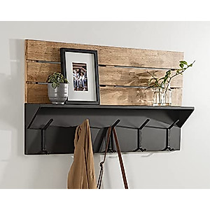 Kate and Laurel Samuels Farmhouse 5-Hook Wall Shelf, 42 x 5 x 22, Rustic Brown and Black, Decorative Wall Storage