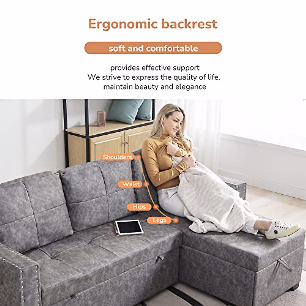 Goohome 84" L Sectional USB Charger,2 Sofa Bed with Storage Chaise,Sleeper Independent Use as Coffee Table, Nail Headed for Living Room Furniture Apartment/Upstairs Loft, Gray / 3-seat