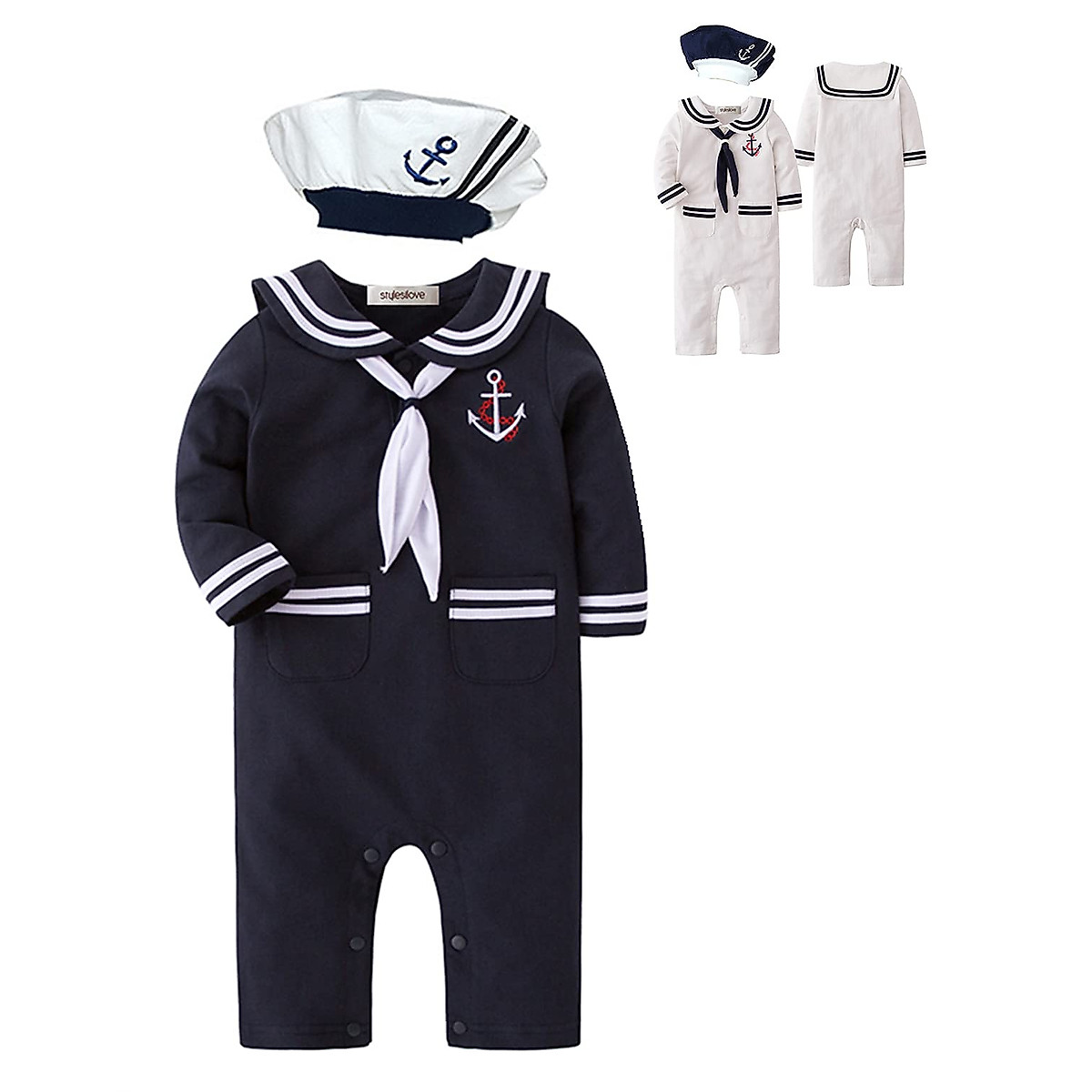 stylesilove Baby Toddler Boys Marine Sailor Cotton Romper with Hat and Necktie 3pcs Festival Jumpsuit (Navy Blue, 90/12-18 Months)