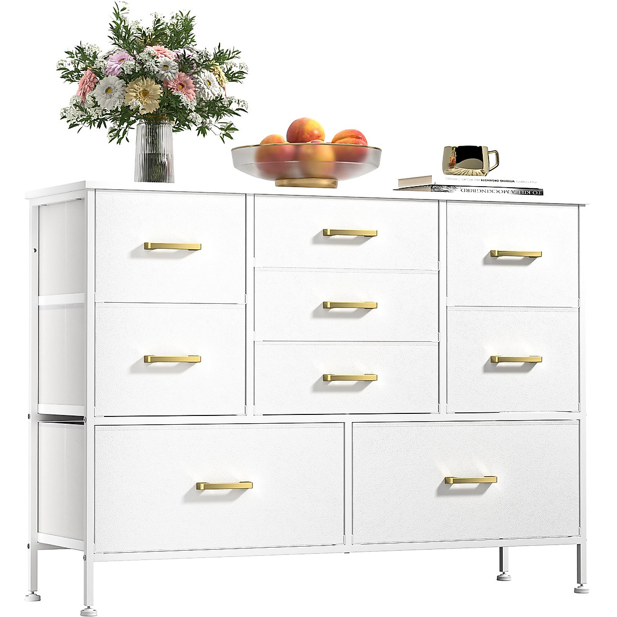 YILQQPER Wide Dresser for Bedroom TV Stand Entertainment Center with Large Chest of 9 Drawers for 50'' TV with Leather Front, Metal Handles for Closet, Entryway, Living Room, Glacier White