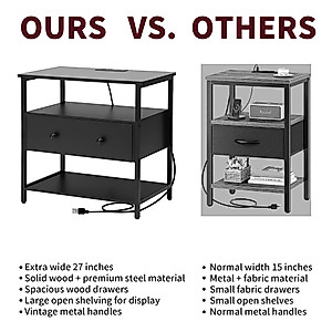 Edbuosy 27 inch Nightstand Side Table with 1 Layer of Wooden Drawers，Nightstand with Charging Station,End Table Bedside Table with USB Ports and Outlets (Black)