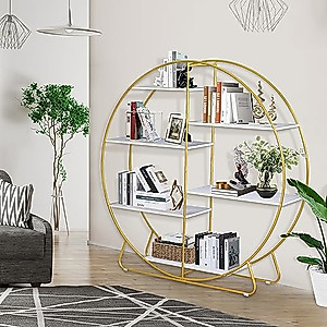 KNIGHTCRAFT White and Gold Bookshelf Circular Office Bookshelves 57" Tall Arched Book Shelves Open Etagere Bookcase Large Round Book Shelf for Living Room Modern Home Furniture