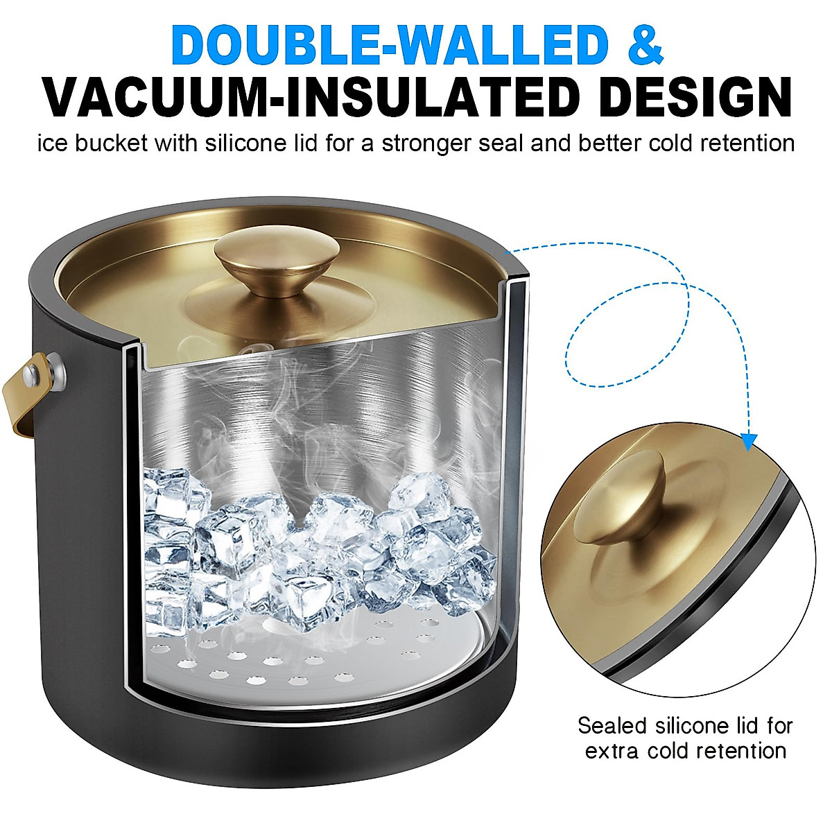 3.2L Modern Insulated Ice Bucket with Silicone Lid, Tongs, Strainer, Double Wall Stainless Steel Ice Bucket for Parties & Cocktail Bar,Ideal for Gift