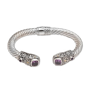 NOVICA Handmade Barong Crest - 6" L x 0.5" W, 18k Gold Accents .925 Sterling Silver Rope Pattern Cuff Bracelet, 3CT Amethyst Bangle Design