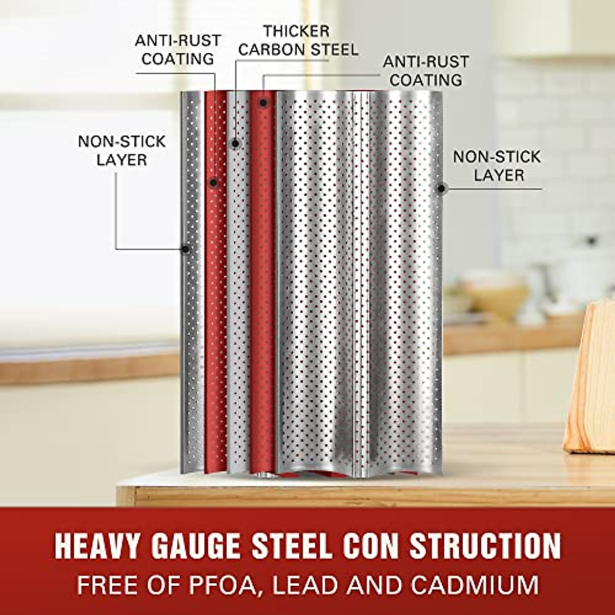 KITESSENSU Nonstick Baguette Pans for French Bread Baking, Perforated 2 Loaves Baguettes Bakery Tray, 15" x 6.3", Silver