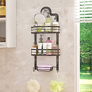 GILLAS Hanging Shower Caddy,Over Head Shower Caddy Rustproof, No Drilling Shower Storage Rack Organizer for Towels, Sponge, Shampoo, Black