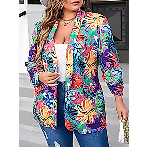 WDIRARA Women's Plus Size Floral Print Blazer Button Open Front Long Sleeve Jacket Multicolor 1XL