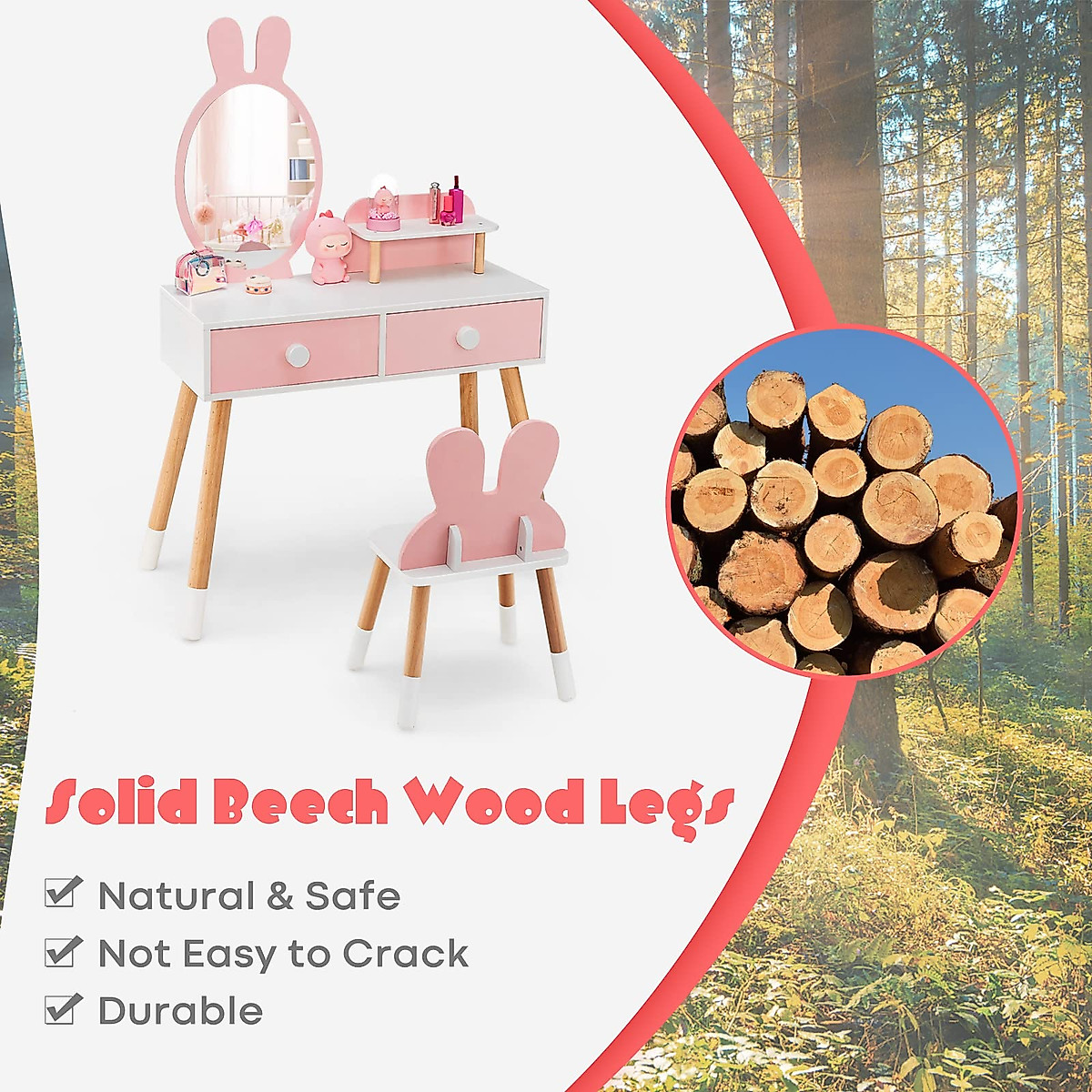 HONEY JOY Kids Vanity, Rabbit Themed Toddler Wooden Makeup Table and Chair Set w/2 Large Drawers, Beech Wood Legs, Princess Dressing Beauty Table, Girls Vanity Set with Mirror and Stool (Pink)