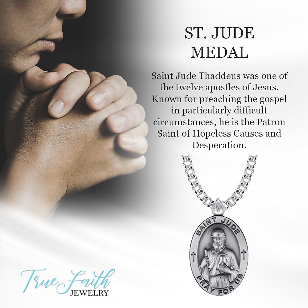 TrueFaithJewelry St Jude Necklace Patron Saint of Lost Causes Pendant Sterling Silver Oval Medal Religious Catholic for Women and Men, 7/8 Inch