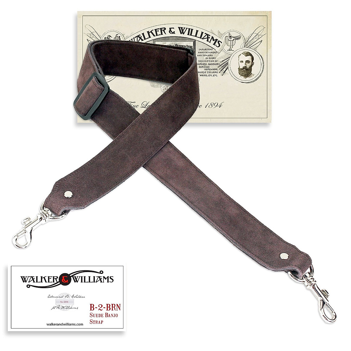 Walker & Williams BS-2-BRN Cognac Brown Thick Suede Adjustable Banjo Strap With Hefty Brass Clip Ends For Bluegrass And Frailing Type Banjos