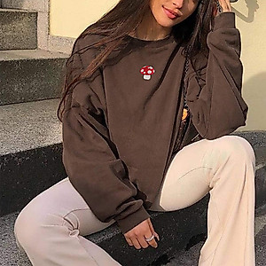 Women Long Sleeve Mushroom Embroidery Casual Oversized Crewneck Pullover Sweatshirt Tops Brown