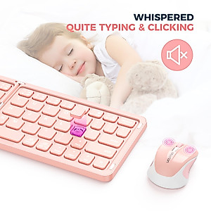 MEETION Foldable Keyboard and Mouse, Portable Bluetooth Keyboard and Mini Mouse with Stand Holder, for Travel, Business, Gifts, USB-C Rechargeable, Travel Keyboard Mouse for iPad Tablets Laptop, Pink