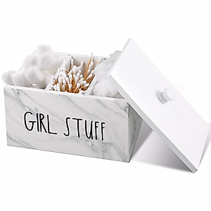 Otuuz Tampon Holder for Bathroom with Lid Tampon Storage Pad Container for Bathroom Feminine Product Organizer Wood Farmhouse Bathroom Organizer Countertop Storage Box Movable Partition(Marble Style)