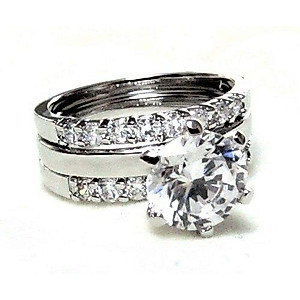 DESTINY JEWEL 3.10Ct Round Cut Diamond Solitaire Bridal Engagement And Wedding Trio Ring Set. Solid 925 Silver 14K White Gold Over Trio Ring Set. _8