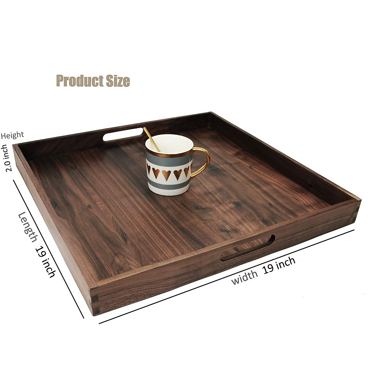 MAGIGO 19 x 19 Inches Large Square Black Walnut Wood Ottoman Tray with Handles, Serve Tea, Coffee Classic Wooden Decorative Serving Tray