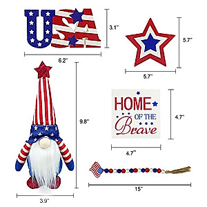 4th of July Decorations - Tiered Tray Decor - 3 Patriotic Wooden Signs - Gnomes Plush and Bead Garland - Farmhouse Rustic Decor Items for Home Table Memorial Day Independence Labor Red White Blue