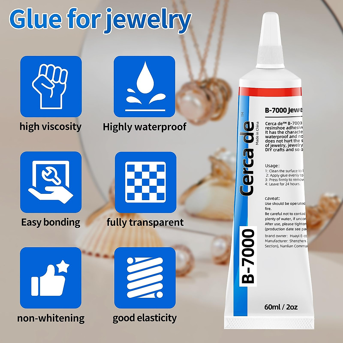 Cerca de b7000 Jewelry Glue，for DIY Crafts, Jewelry, gem,Pearl，Earring，Bracelet，Gold，Silver，Metals,Rhinestone，etc. High-Strength Glue, Waterproof, Clear, with Precision tip, 2 oz.