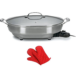 Cuisinart CSK-150 1500W Nonstick Electric Skillet Brushed Stainless Bundle with Deco Chef Pair of Red Heat Resistant Oven Mitt