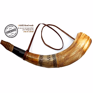 Viking War Horn - 16" Genuine Ox-Horn Battle Trumpet - Premium Hand Engraved Blow Horn Viking Norse Cattle Ancient Horn Bugle -Bugle Hunting Tool BATTLE HORN | BLOWING HORN | VIKING HORN With stand
