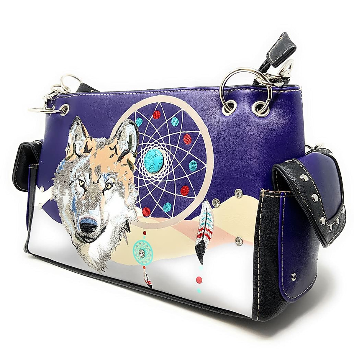 Western Wolf Dream Catcher Embroidery Feather Conceal Carry Women Handbag Purse in 5 colors (Black Wallet)
