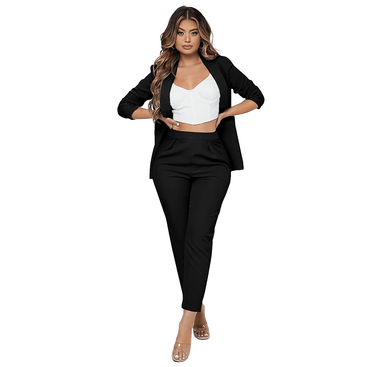 SweatyRocks Women's 2 Piece Solid Ruched Sleeve Blazer and Pants Business Office Suit Set Black L