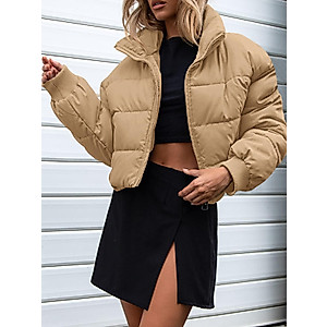 MEROKEETY Women's Winter Cropped Puffer Jacket Long Sleeve Oversized Stand Collar Zip-Up Short Coat