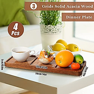 4 Pcs Solid Acacia Wood Serving Trays 14 x 5 Inch 3 Grids Rectangular Wooden Serving Platters for Home, Food, Vegetables, Fruit, Cheese, Appetizer Serving Tray, Charcuterie Board