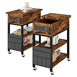 furlinkhm End Table Set of 2 with Charging Station, Flip Top Side Table with USB Ports and Outlets,Narrow NightStand with Storage Bag & Wheels,Bedside Table for Living Room Bedroom,Rustic Brown