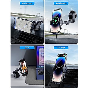 Wireless Car Charger, UGDLUCK 15W Fast Charging Car Charger Mount with Colored Lights Dashboard Windshield Air Vent Car Phone Holder fit for iPhone 14 13 12 11 Pro Max,Samsung Galaxy S23 S22 S21,etc