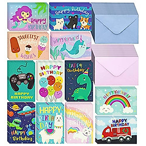 Pipilo Press 36 Pack Kids Birthday Cards Assortment with Pastel Colored Envelopes, 12 Designs, Dinosaur, Mermaid, Narwhal (4x6 In)