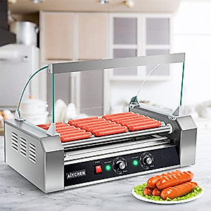 Hot Dog Roller Machine Electric Grill Cooker Machine with Glass Cover 18 Hot Dog Capacity 7 Roller Grill Machine for Commercial Grade Household 120V 900W (7 Roller Grill)