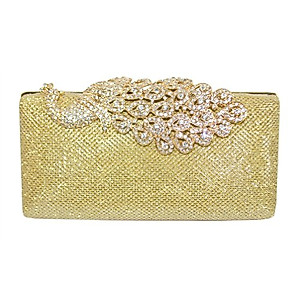 Chicastic Mesh Rhinestone Peacock Hard Box Wedding Cocktail Clutch Purse - Gold