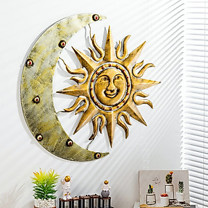TOPIA Aztec Sun And Moon Metal Wall Decor Metal Sun Wall Decor Metal Sun Decor Outdoor Sun Wall Art (25.5" W x 23" H)
