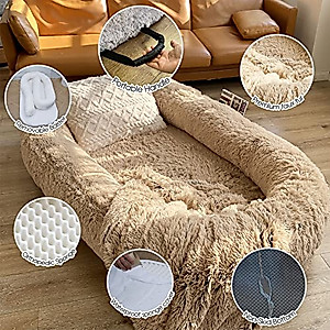 YAEM Human Dog Bed, 71"x45"x14" Dog Beds for Humans Size Fits You and Pets, Washable Faux Fur Human Dog Bed for People Doze Off, Napping Orthopedic Dog Bed, Present Plump Pillow, Blanket, Strap-Khaki