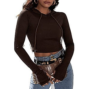 Milumia Women's Drawstring Hooded Crop Tee Long Sleeve Rib Knit T Shirts Sweatshirt with Thumbhole Chocolate Brown Small