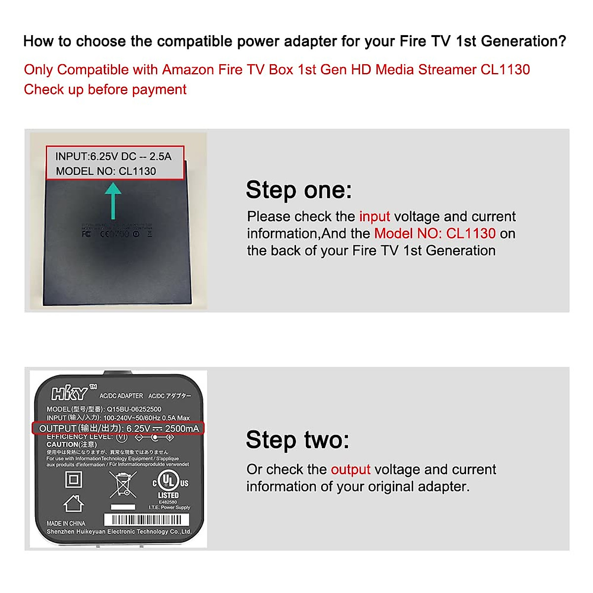 HKY 6.25V 16W AC DC Adapter Compatible with Fire TV CL1130,Digital HD Streaming Media Player Fire TV Box 1st Generation Power Supply Switching Charger Plug Cord